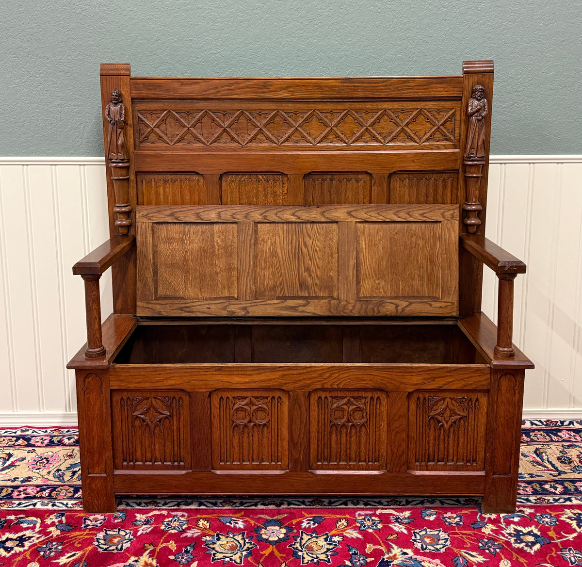 Antique French Bench Settee Gothic Oak Linen Fold Monks Lift Top Seat ...