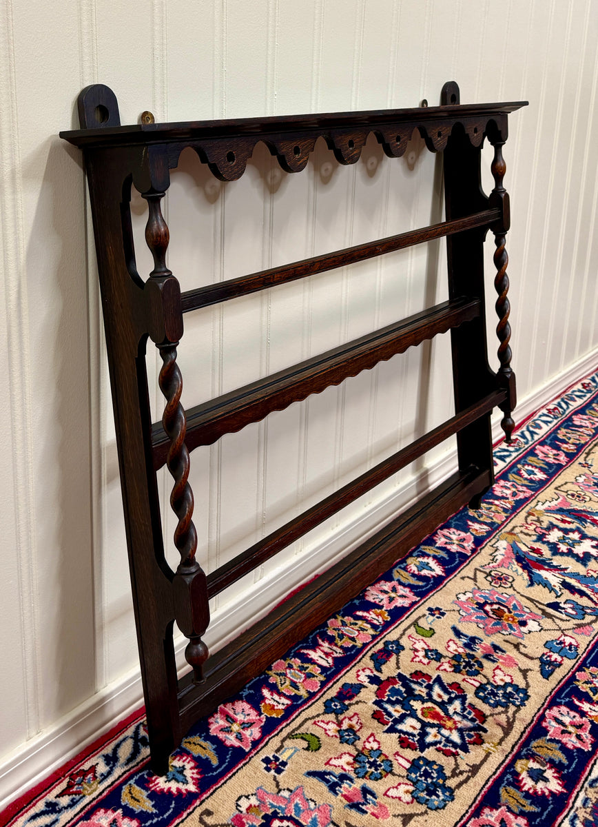 Antique English Plate Rack Wall Shelf Barley Twist Post Carved Oak c ...