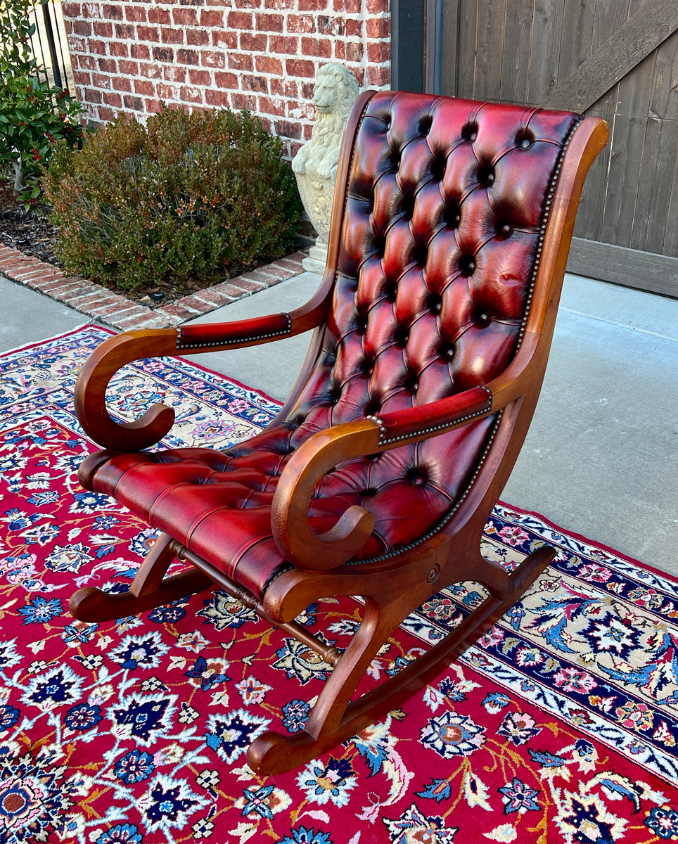 Vintage English Chesterfield Leather Tufted Rocking Chair Oak Red Mid ...