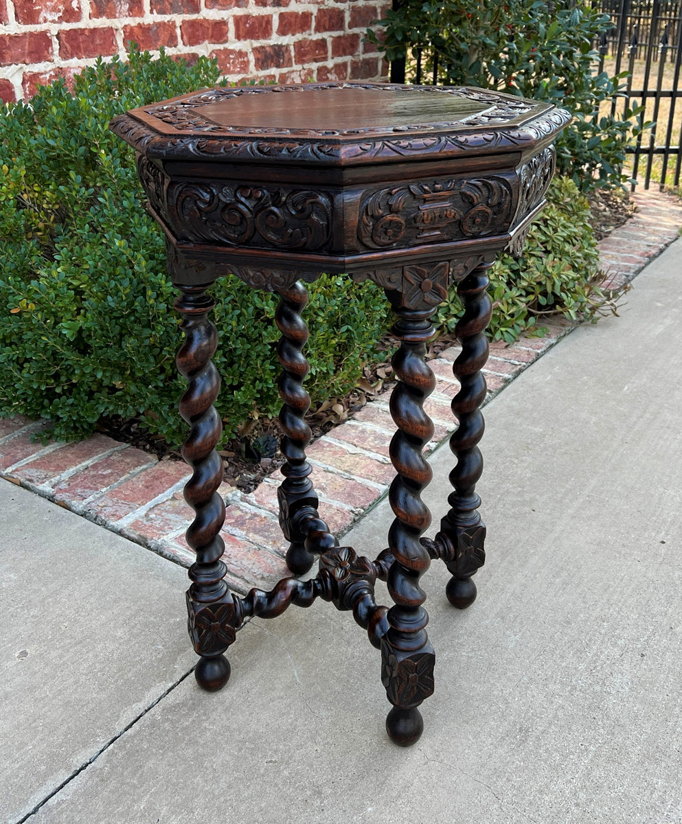 Antique French Table Octagonal PETITE Barley Twist Carved Oak Renaissa ...