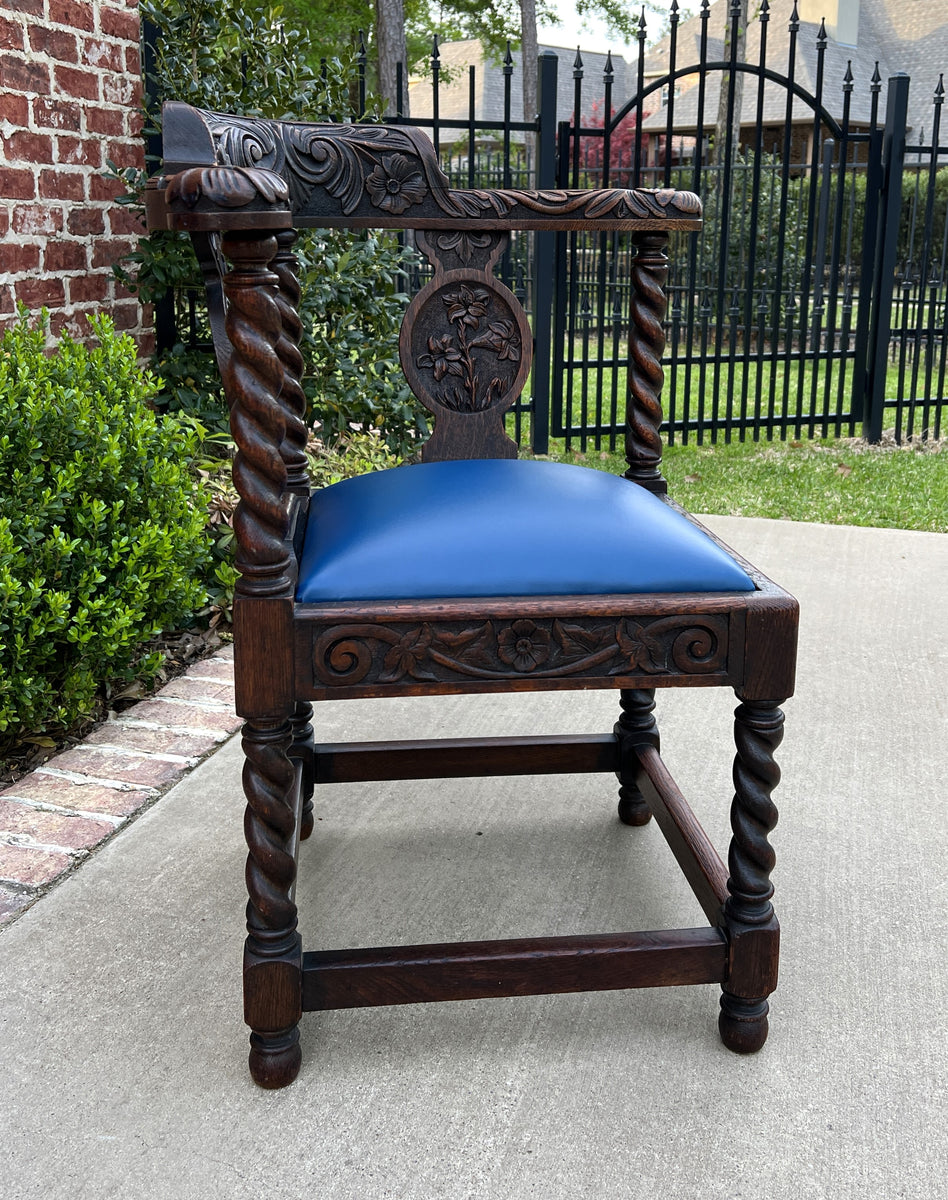 Antique English Corner Chair Oak Barley Twist Blue Leather Renaissance ...